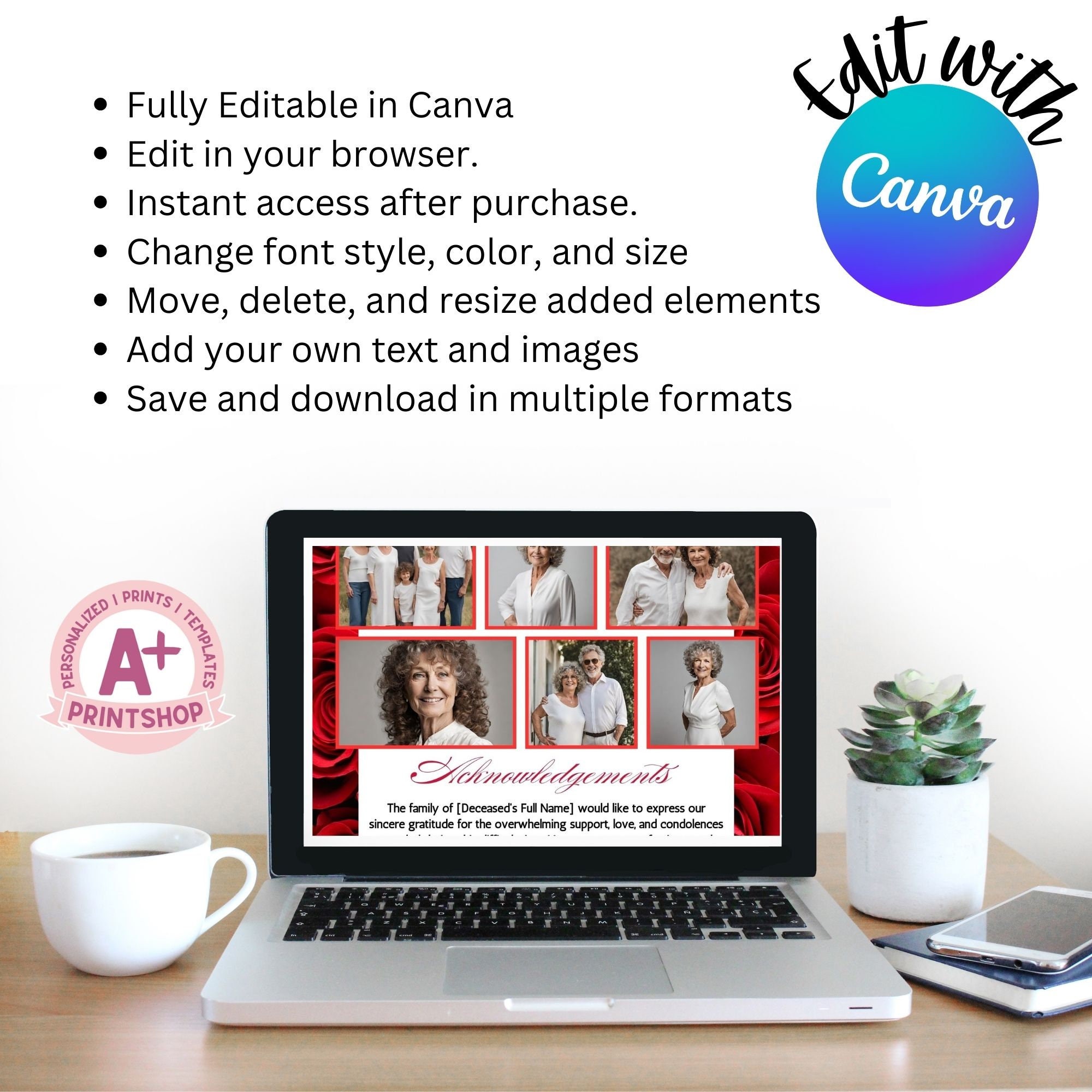 Funeral Program Template, Red Obituary Template, Instant Download ...