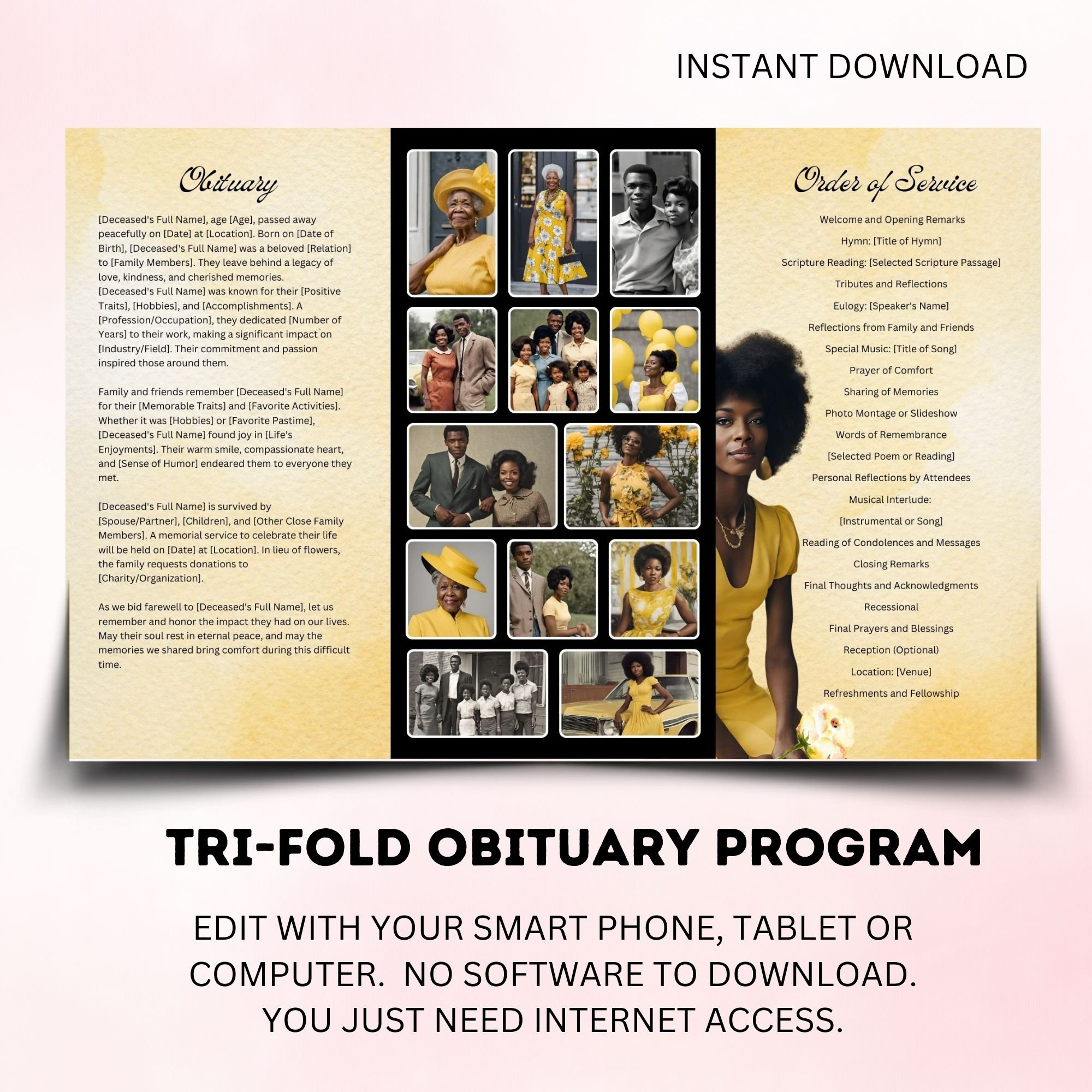 Yellow Obituary for Woman, Printable Funeral Program for Women, Instant ...