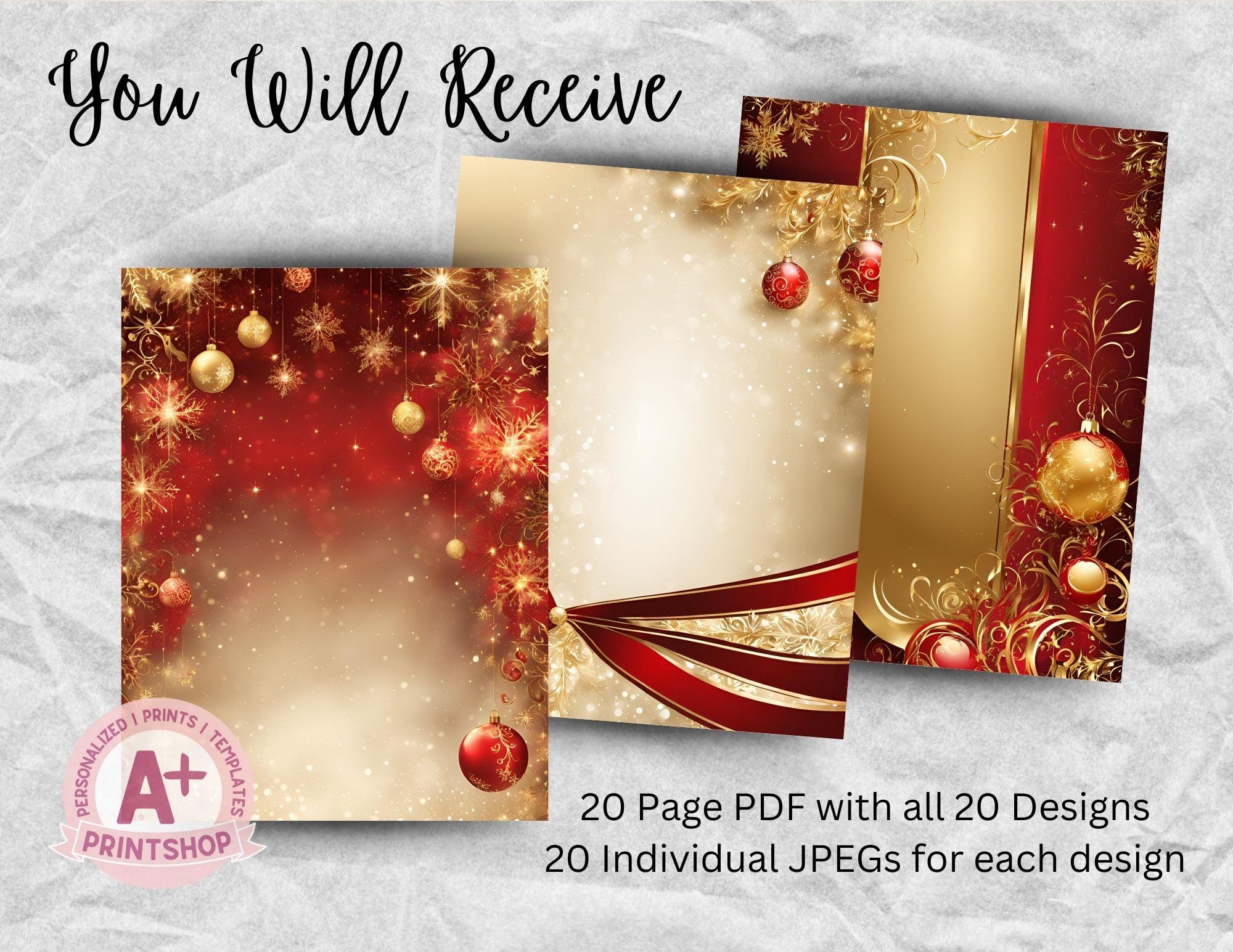Red and Gold Christmas Digital Paper Set, Scrapbook Paper (JPEG & PDF ...