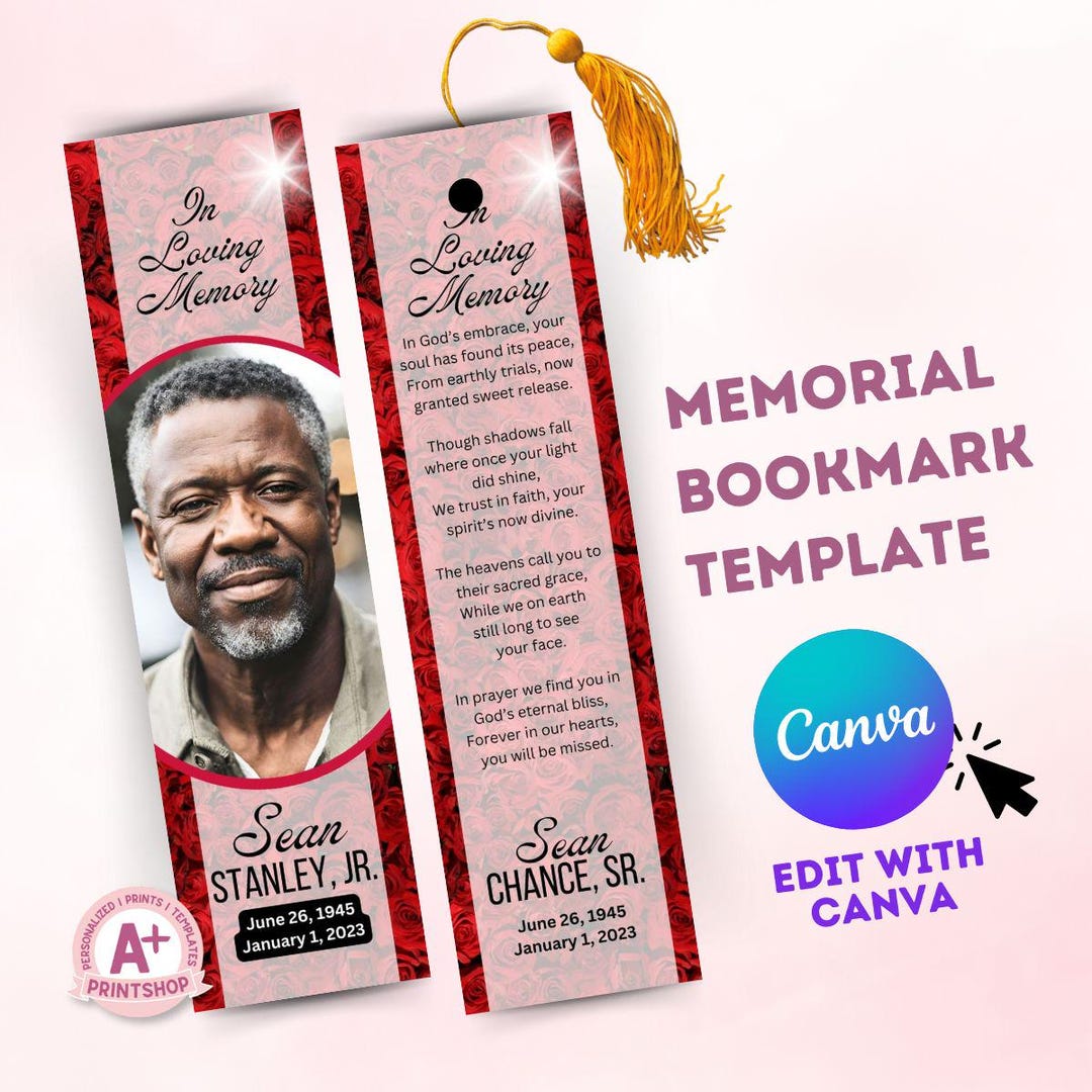 Memorial Bookmark Template, Editable Funeral Card (canva Template) - Etsy
