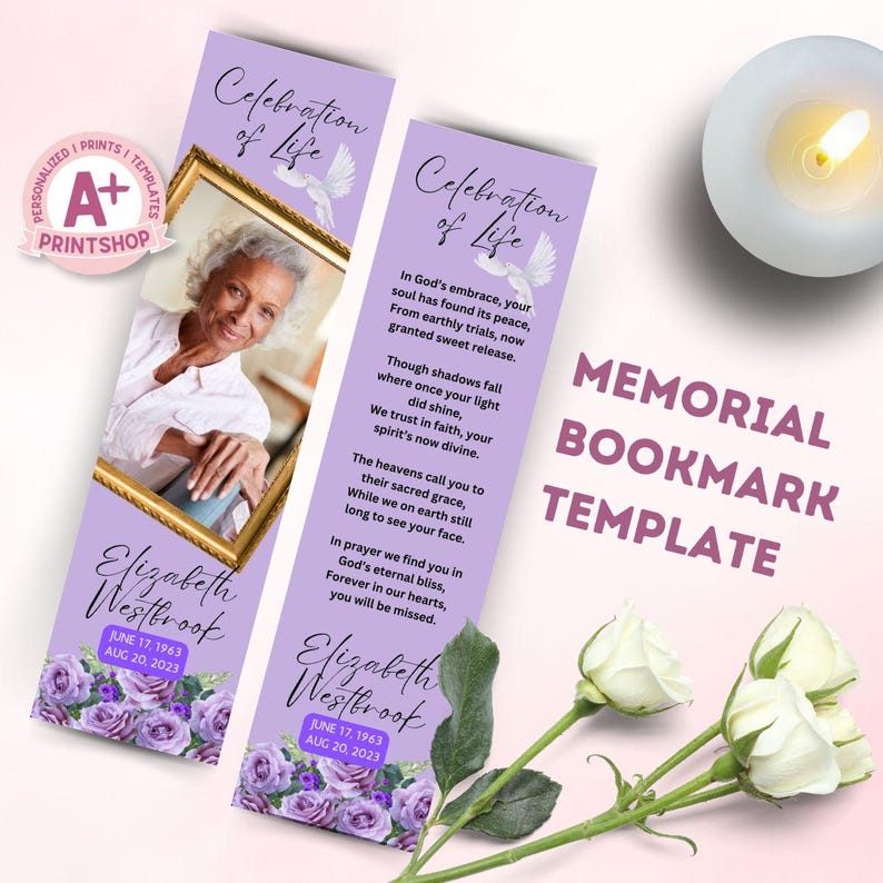 Memorial Bookmark Template, 2x8 Double Sided Design, Editable and ...
