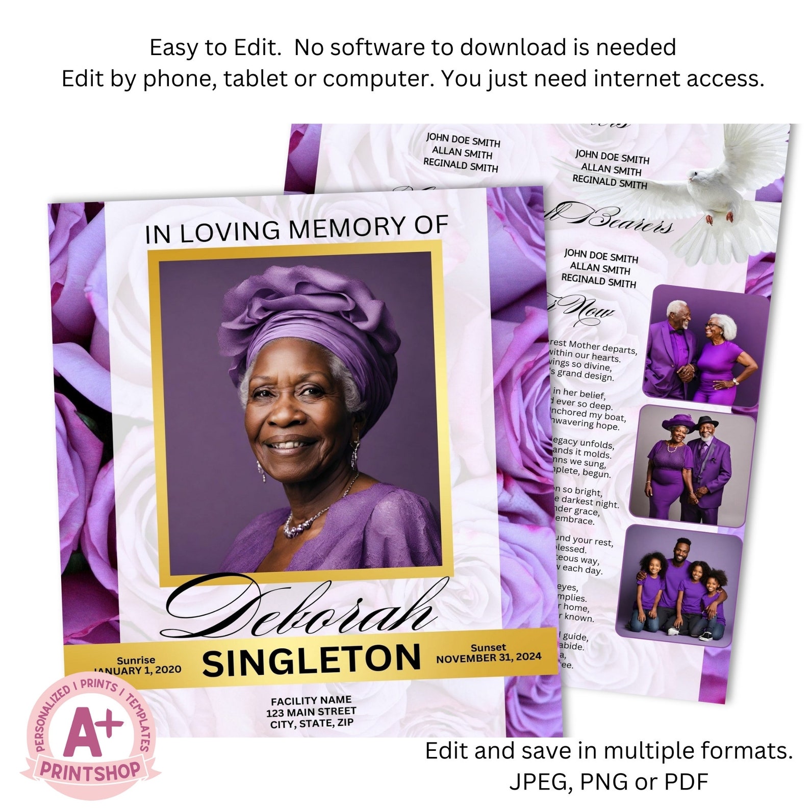 Funeral Program Template Purple Obituary Instant Download Printable ...