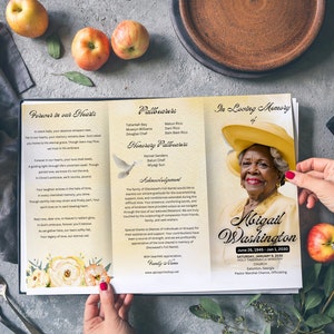 Yellow Obituary for Woman, Printable Funeral Program for Women, Instant ...