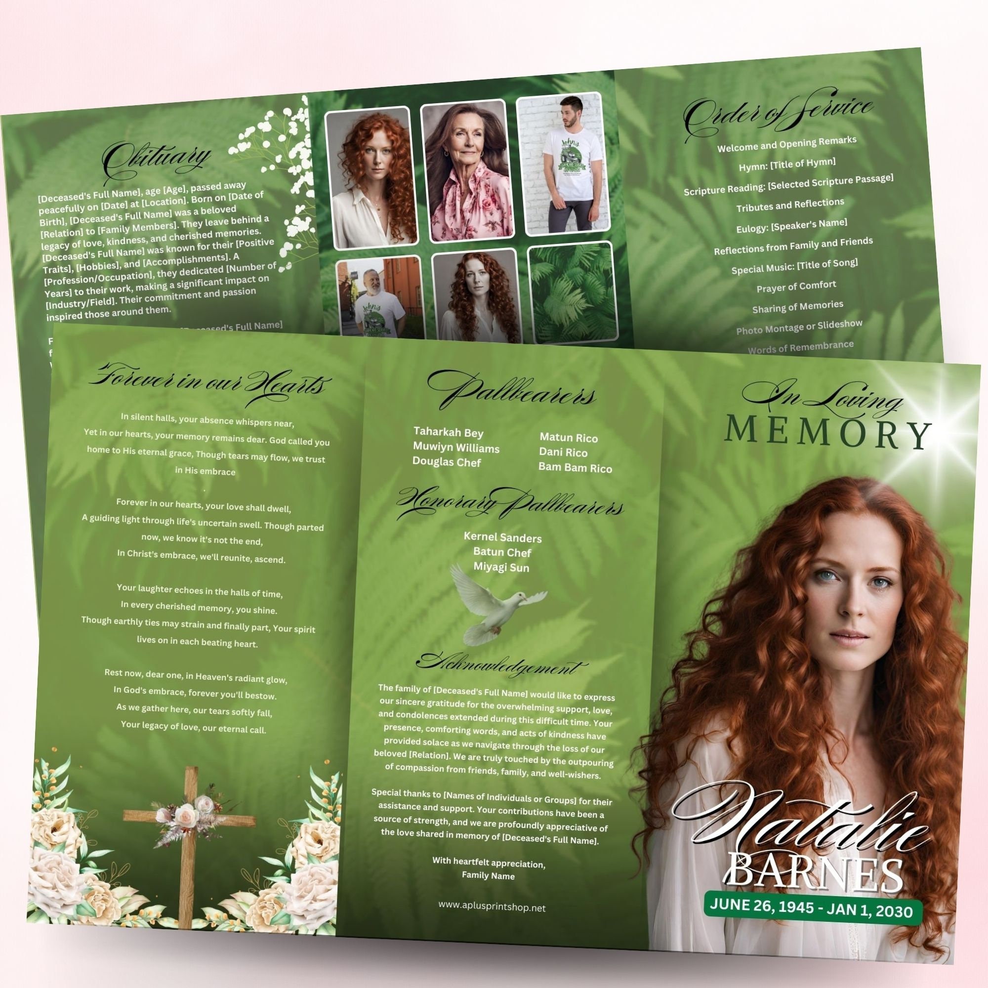 Green Obituary Template, Funeral Program Template, Tri-fold Obituary ...