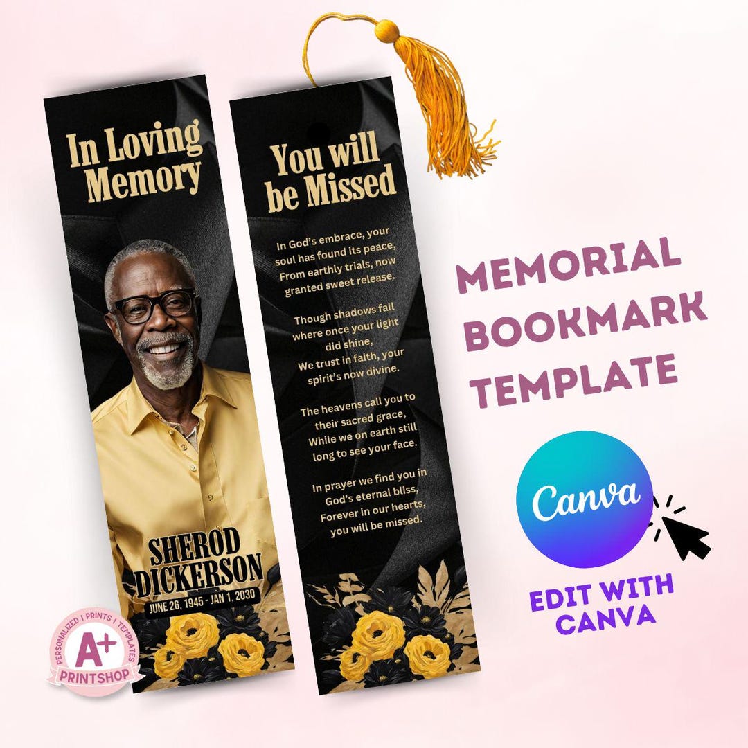 Memorial Bookmark Template, 2x8 Double Sided Design, Editable and ...