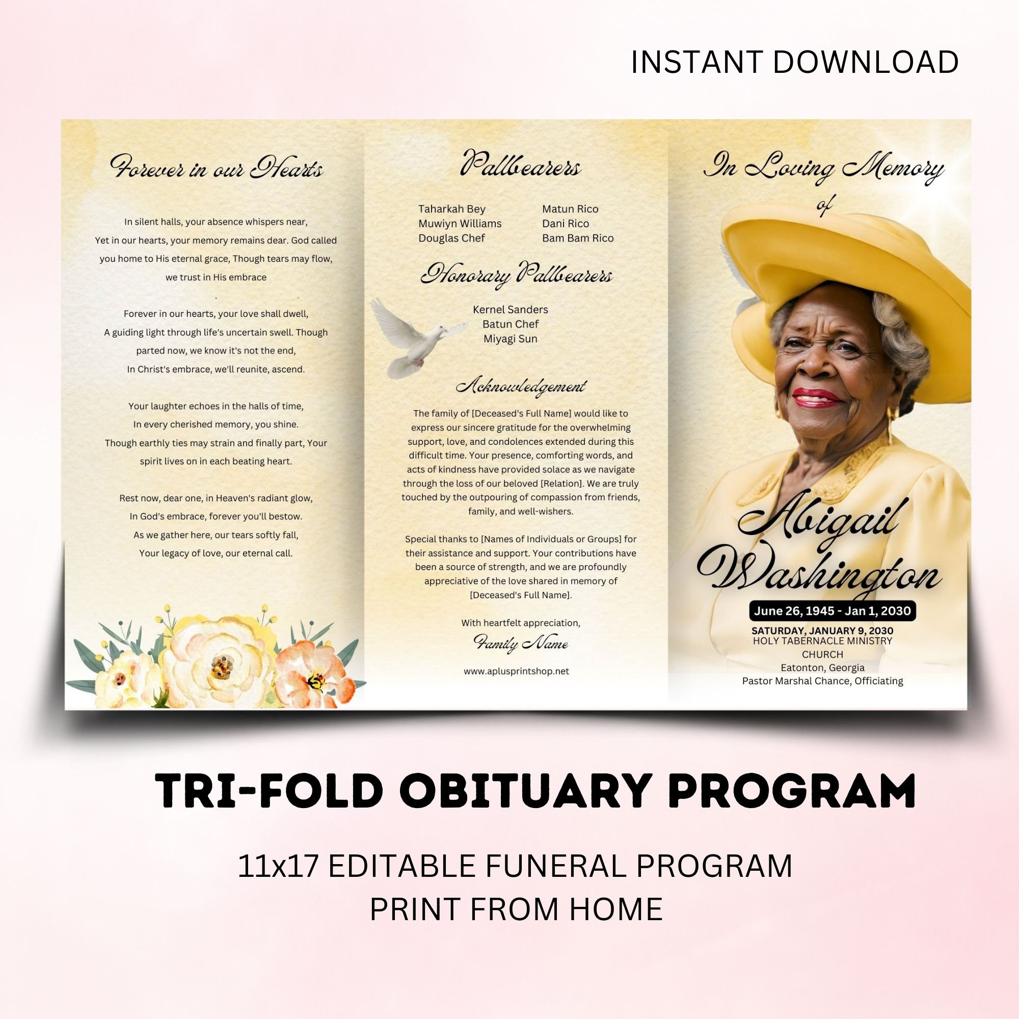 Yellow Obituary for Woman, Printable Funeral Program for Women, Instant ...