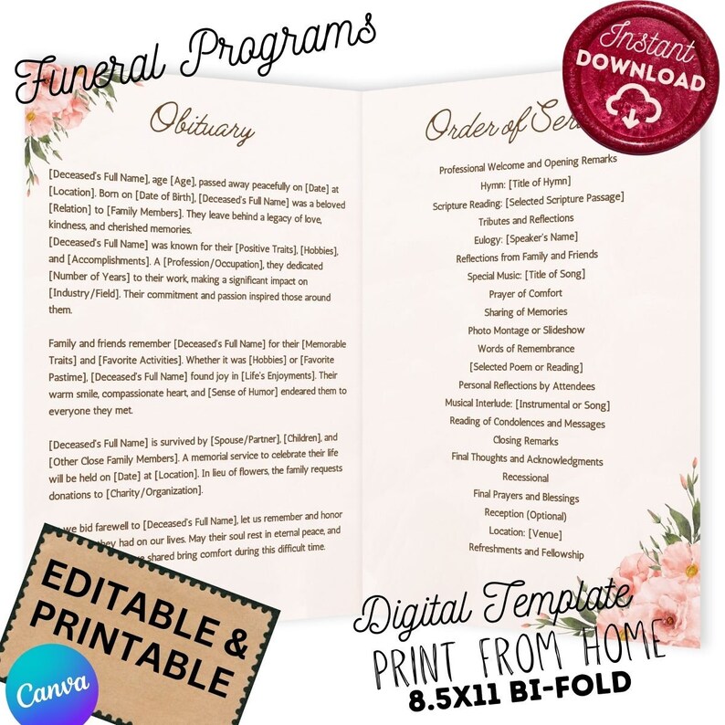 Funeral Program Template | Obituary Template | Instant Download ...