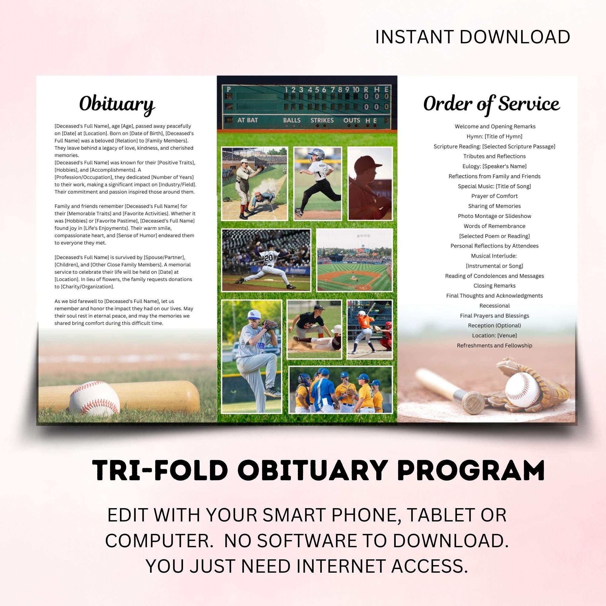 Funeral Program Template, Baseball Theme - Etsy