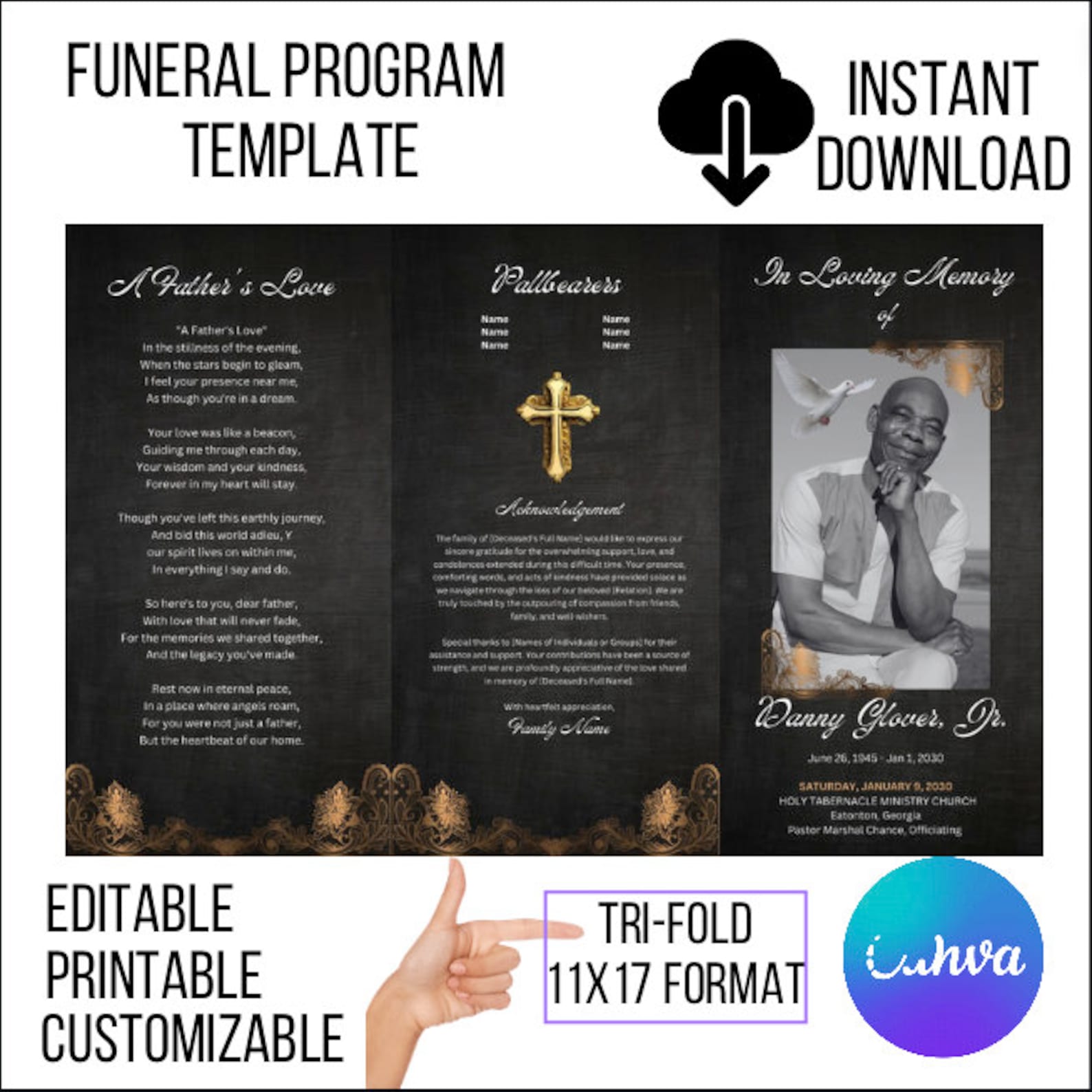 Funeral Program Template, Black Obituary Template, Instant Download ...