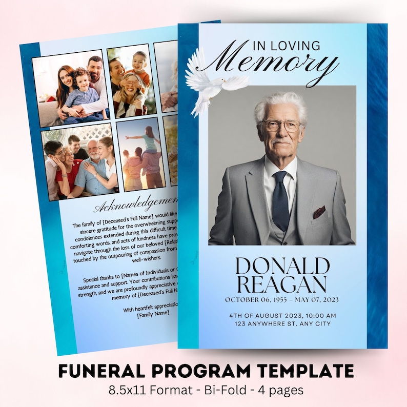 Blue Theme Funeral Program Template, Obituary, Printable (canva ...