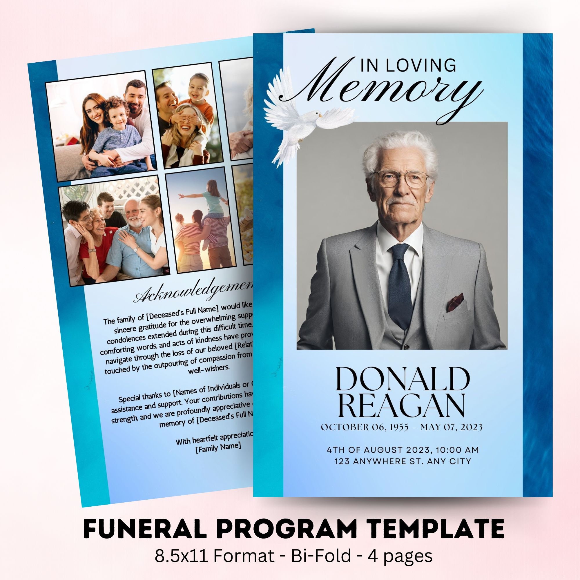 Blue Theme Funeral Program Template, Obituary, Printable (canva ...