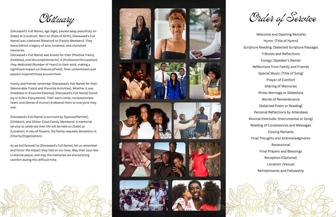 Funeral Program Template, Black Obituary Template, Instant Download ...