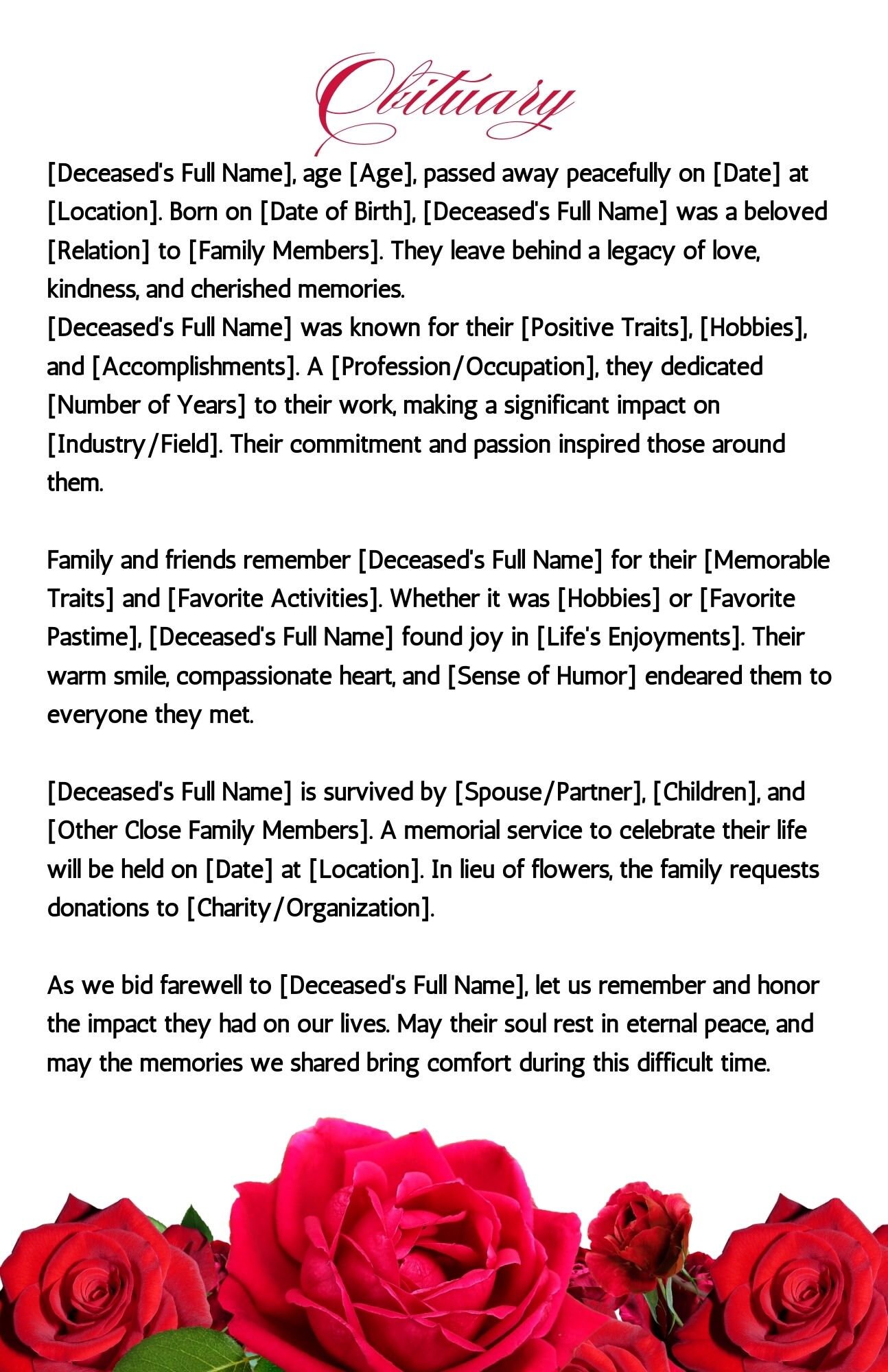 Funeral Program Template, Red Obituary Template, Instant Download ...