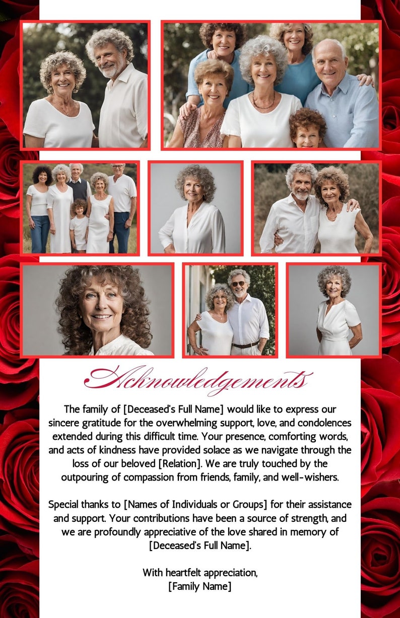 Red Roses Funeral Program Template, Celebration of Life (digital ...