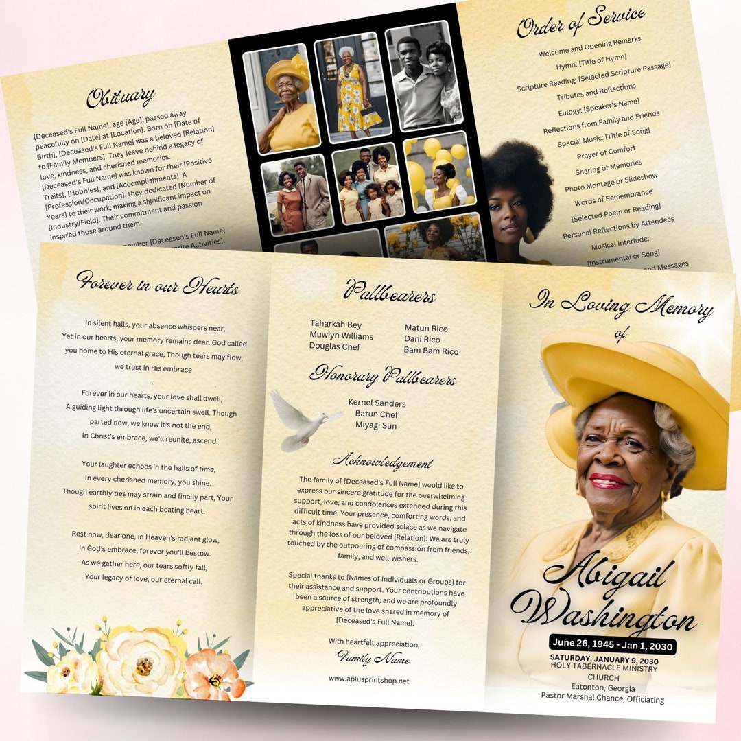 Yellow Obituary for Woman, Printable Funeral Program for Women, Instant ...