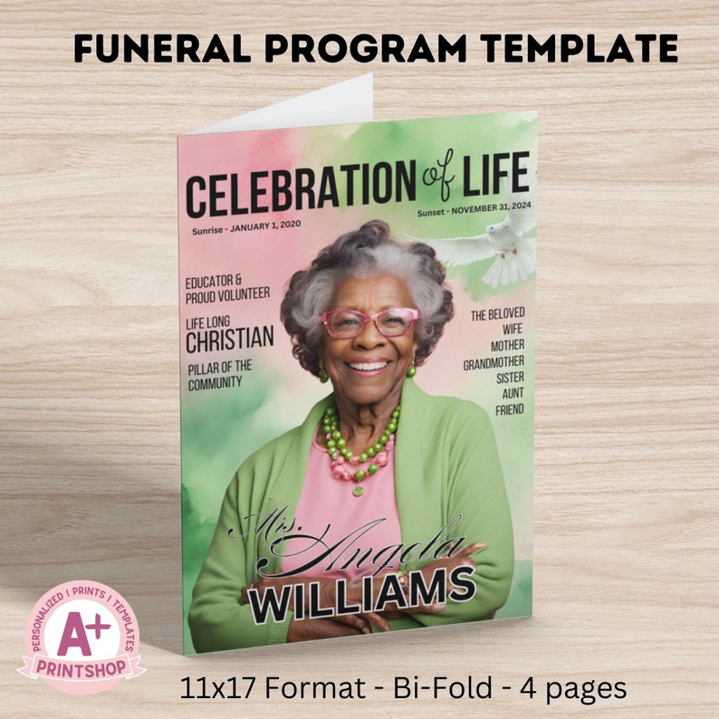 Funeral Program Template, Canva, Pink & Green Obituary, Instant ...