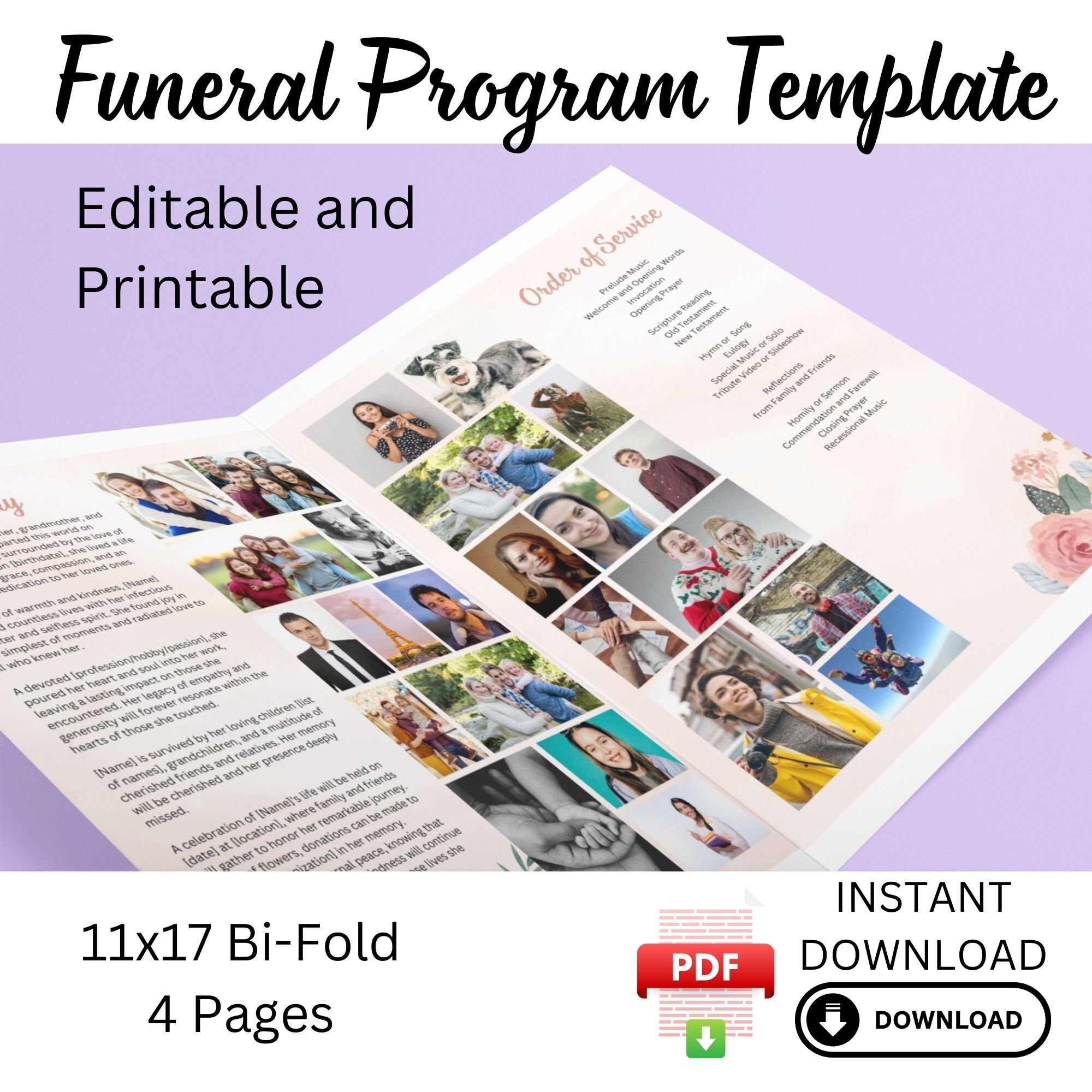 11x17 Funeral Program Template Bi-fold Editable Obituary Print From ...