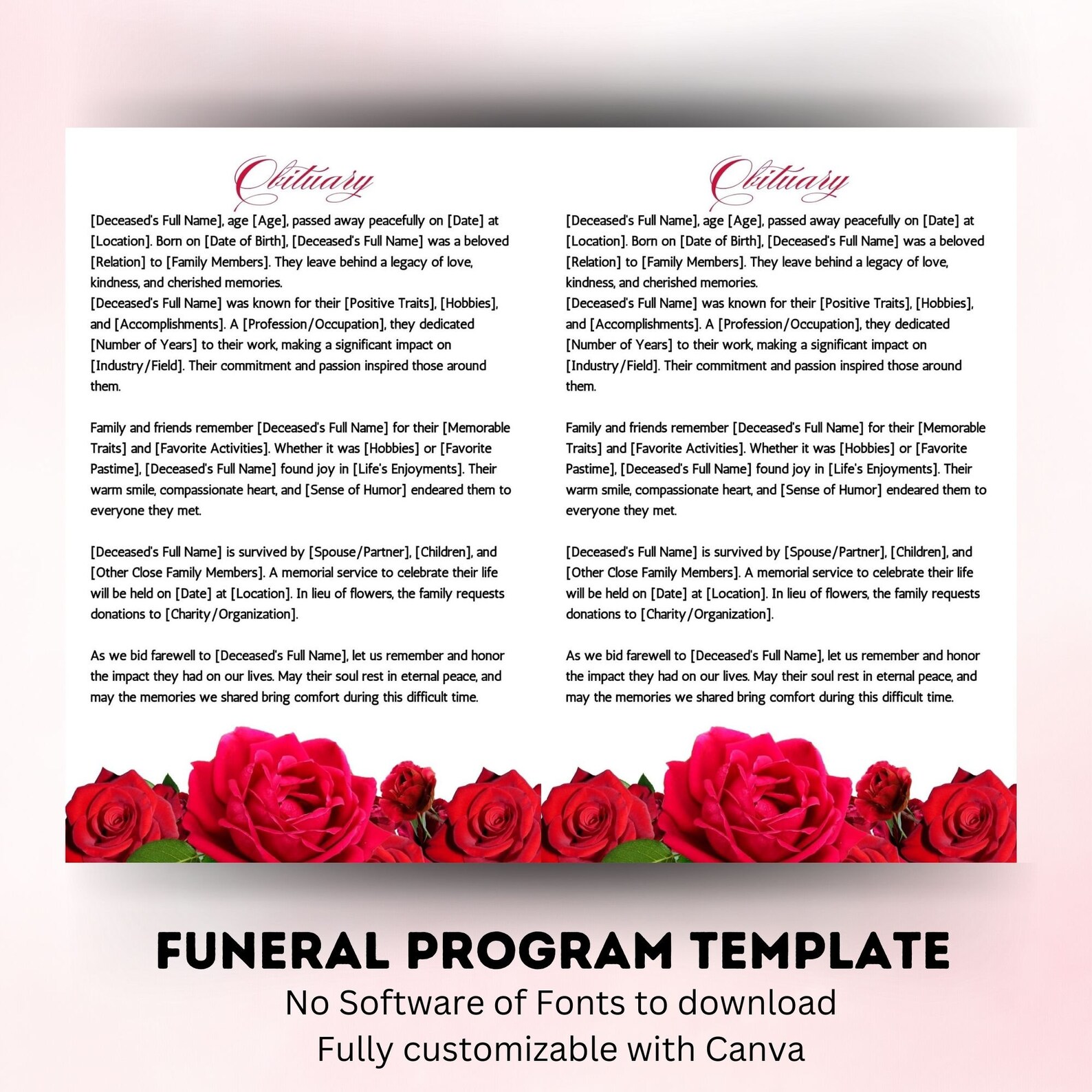 Red Roses Funeral Program Template, Bi-fold Obituary (digital Download ...