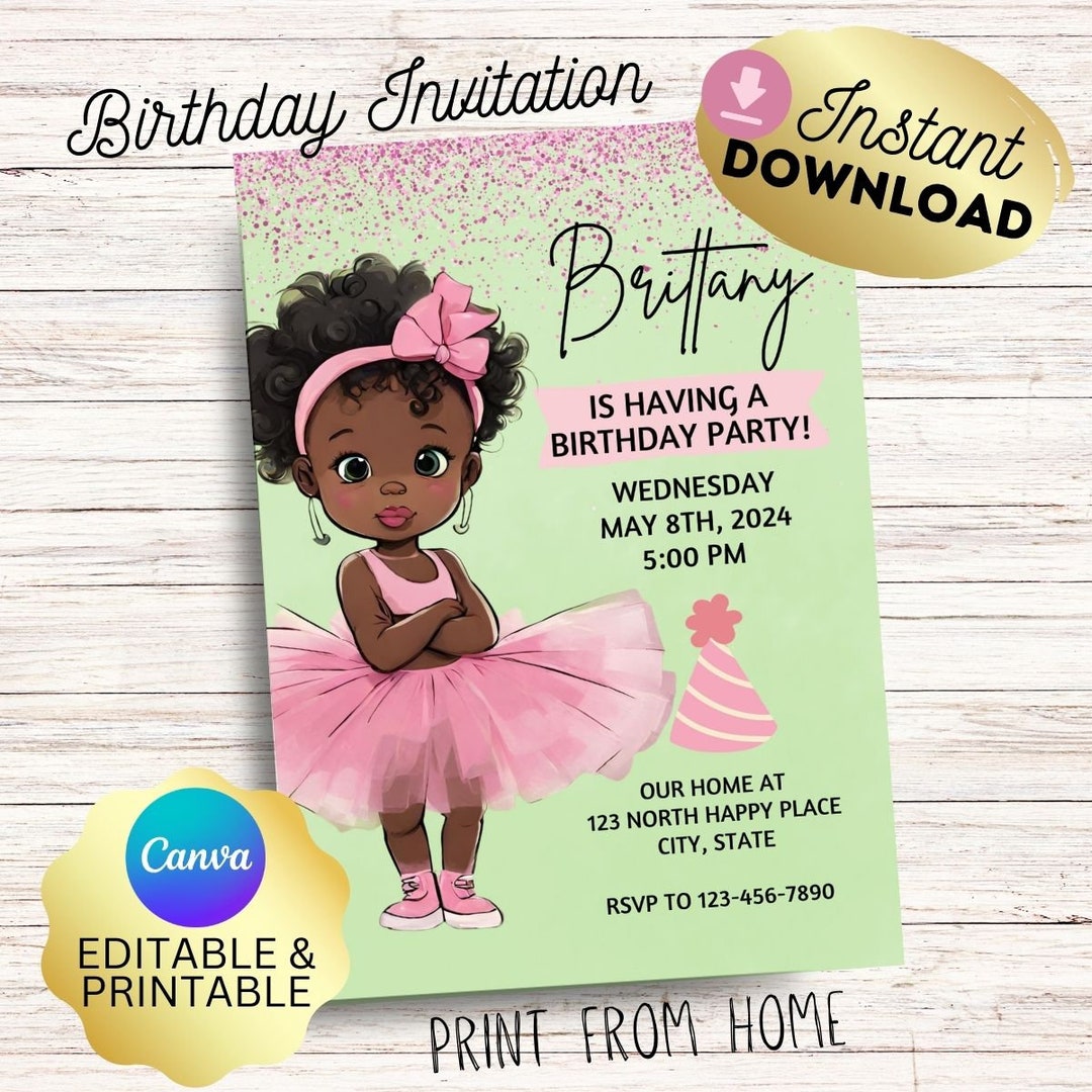 Melanated Princess Birthday Invitation Template, Pink & Green (digital ...