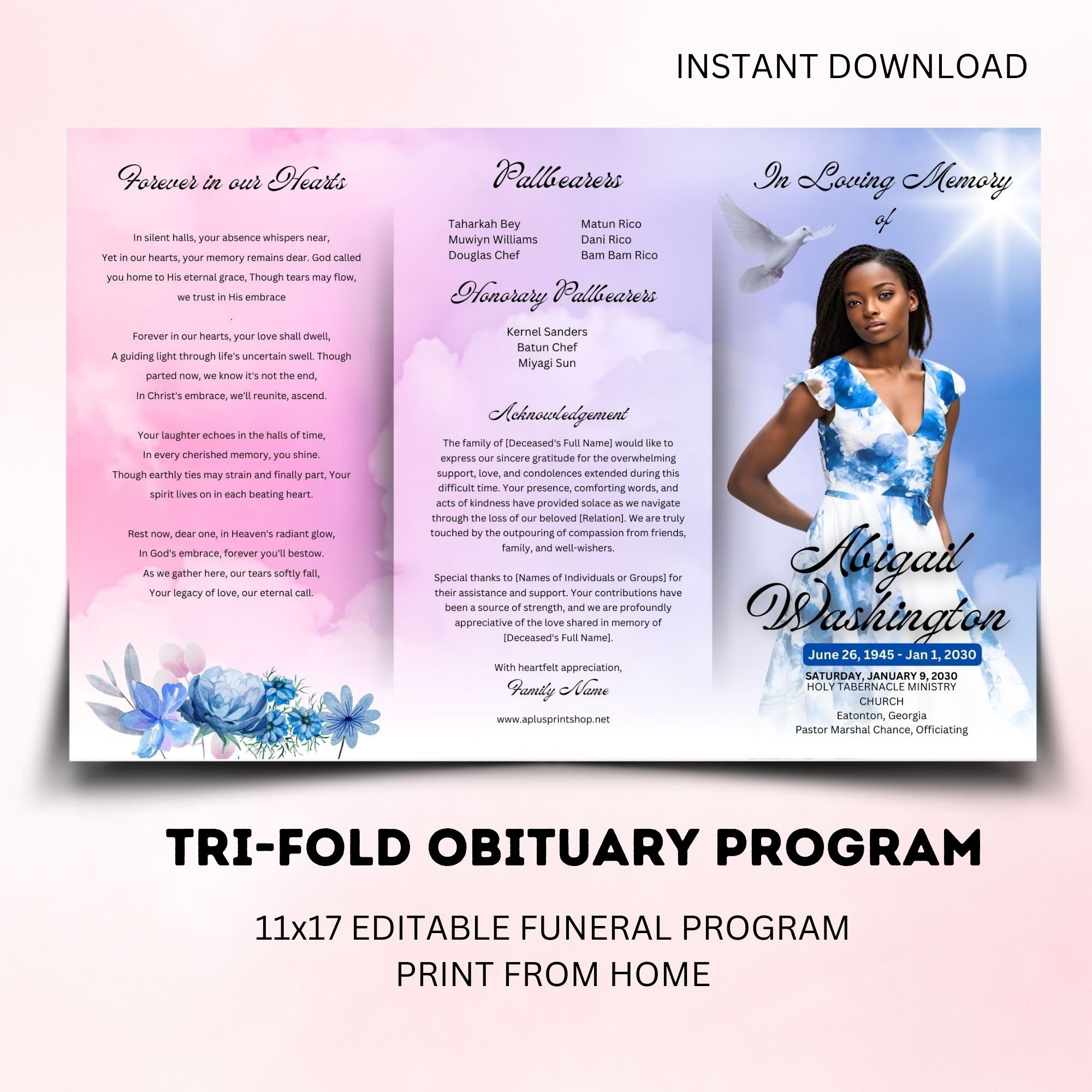 Tri-fold Obituary, Editable Obituary, Obituary for Woman, Printable ...