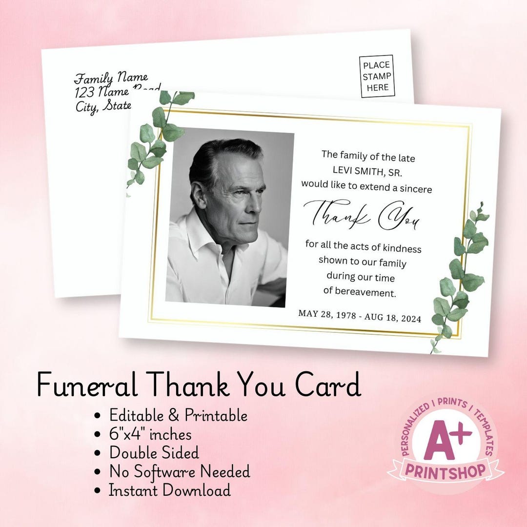 Funeral Thank You Card Template, Obituary Thank You Card, Sympathy Card ...
