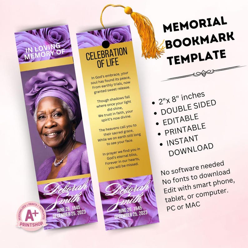 Memorial Bookmark Template, Editable Funeral Card (canva Template) - Etsy