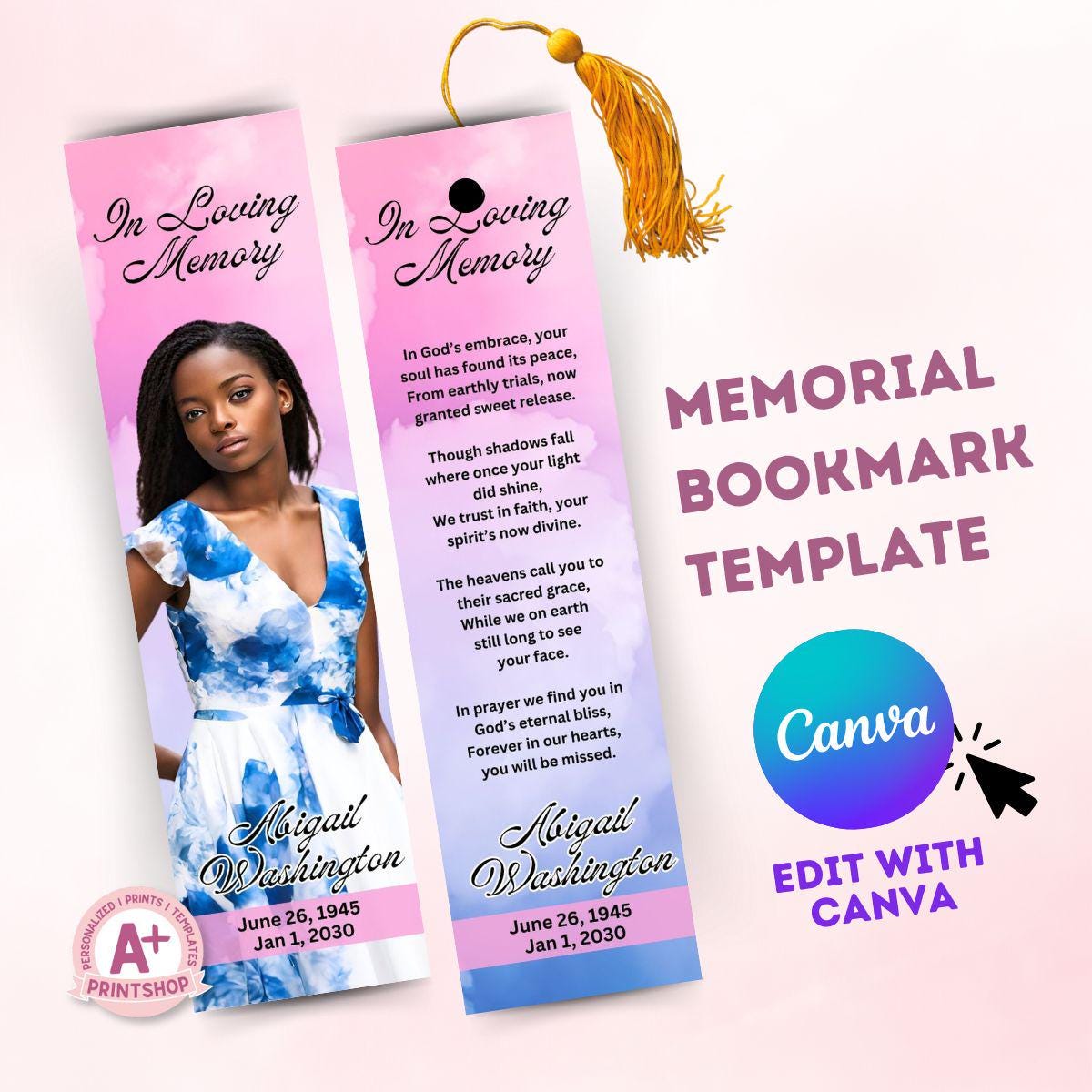 Memorial Bookmark Template, 2x8 Double Sided Design, Editable and ...