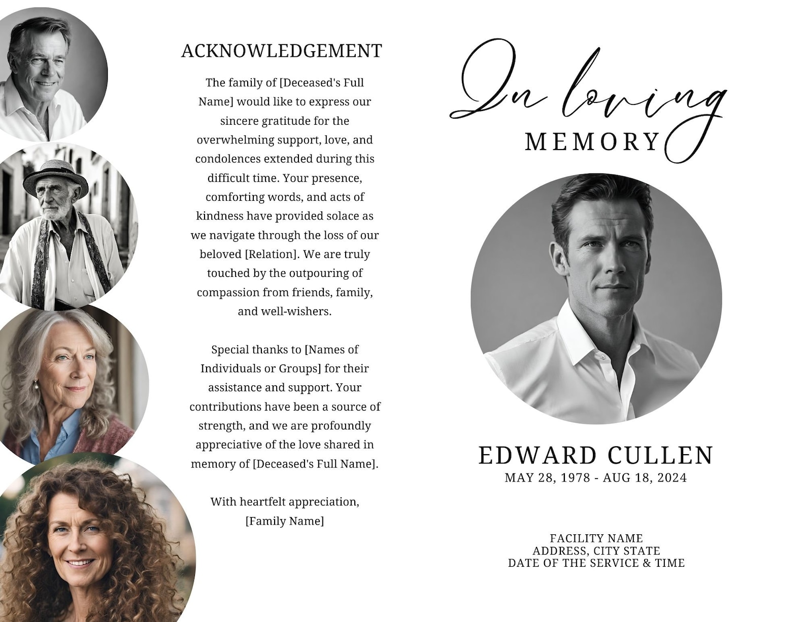 Minimalist Funeral Program Template for Men, 4-page Bi-fold (digital ...