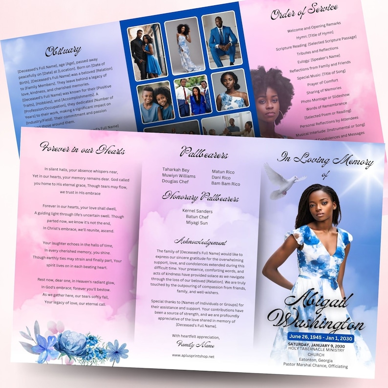Tri-fold Obituary, Editable Obituary, Obituary for Woman, Printable ...