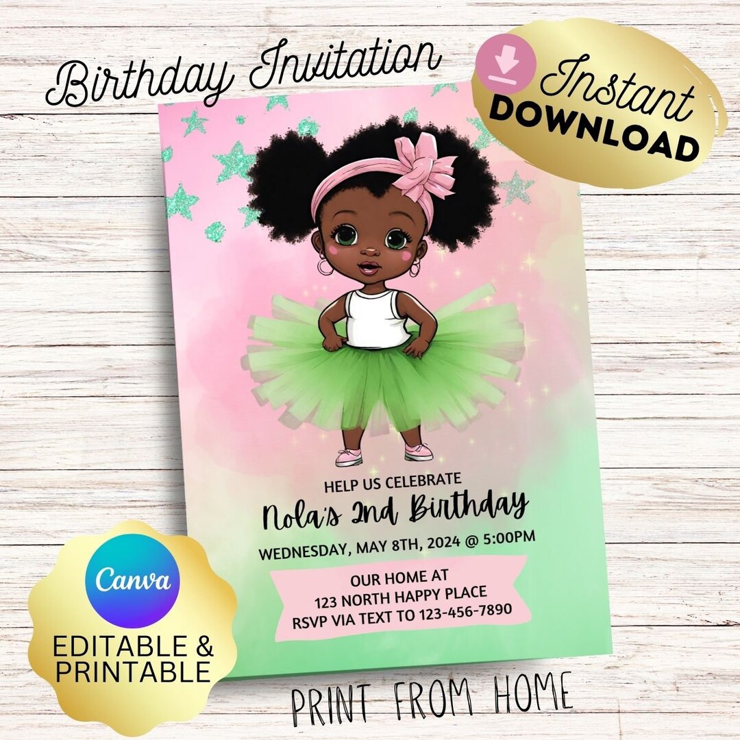 Melinated Princess Birthday Invitation, Pink & Green (digital Download ...