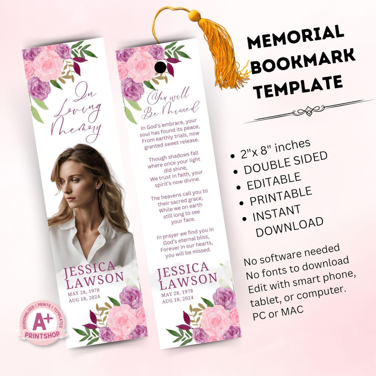 Memorial Bookmark Template, 2x8 Double Sided Design, Editable and ...