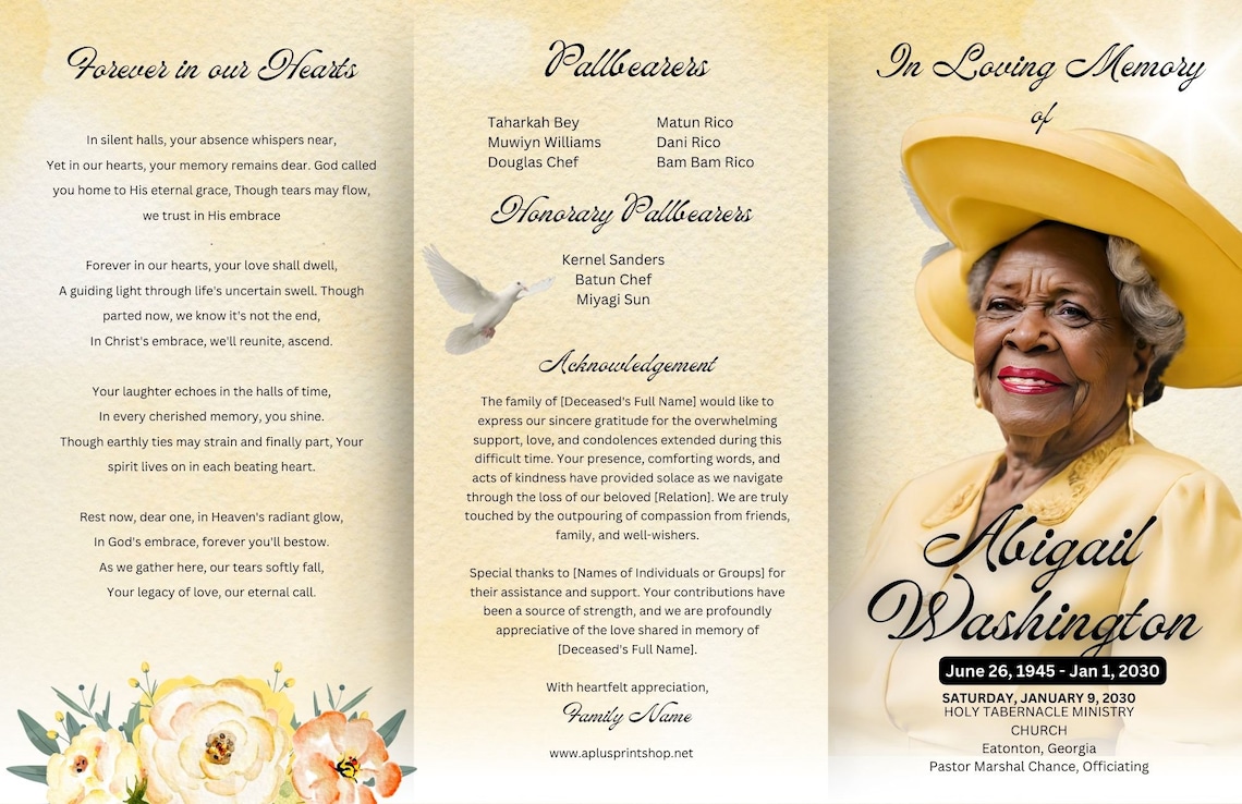 Yellow Obituary for Woman, Printable Funeral Program for Women, Instant ...