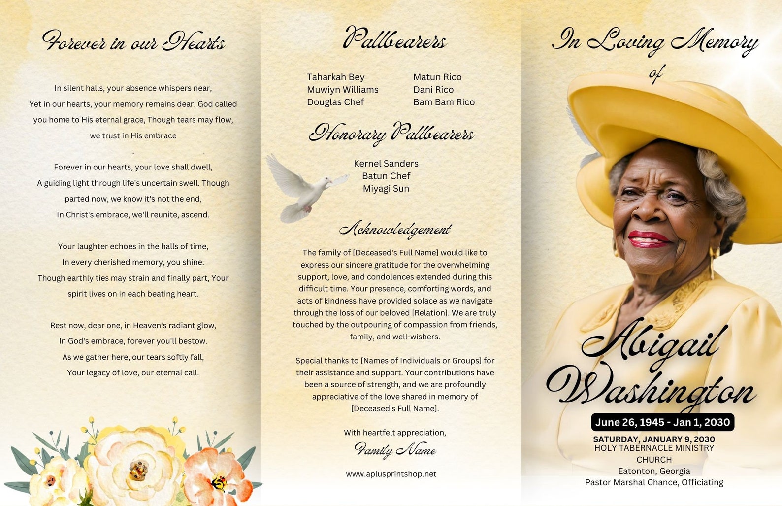 Yellow Obituary for Woman, Printable Funeral Program for Women, Instant ...