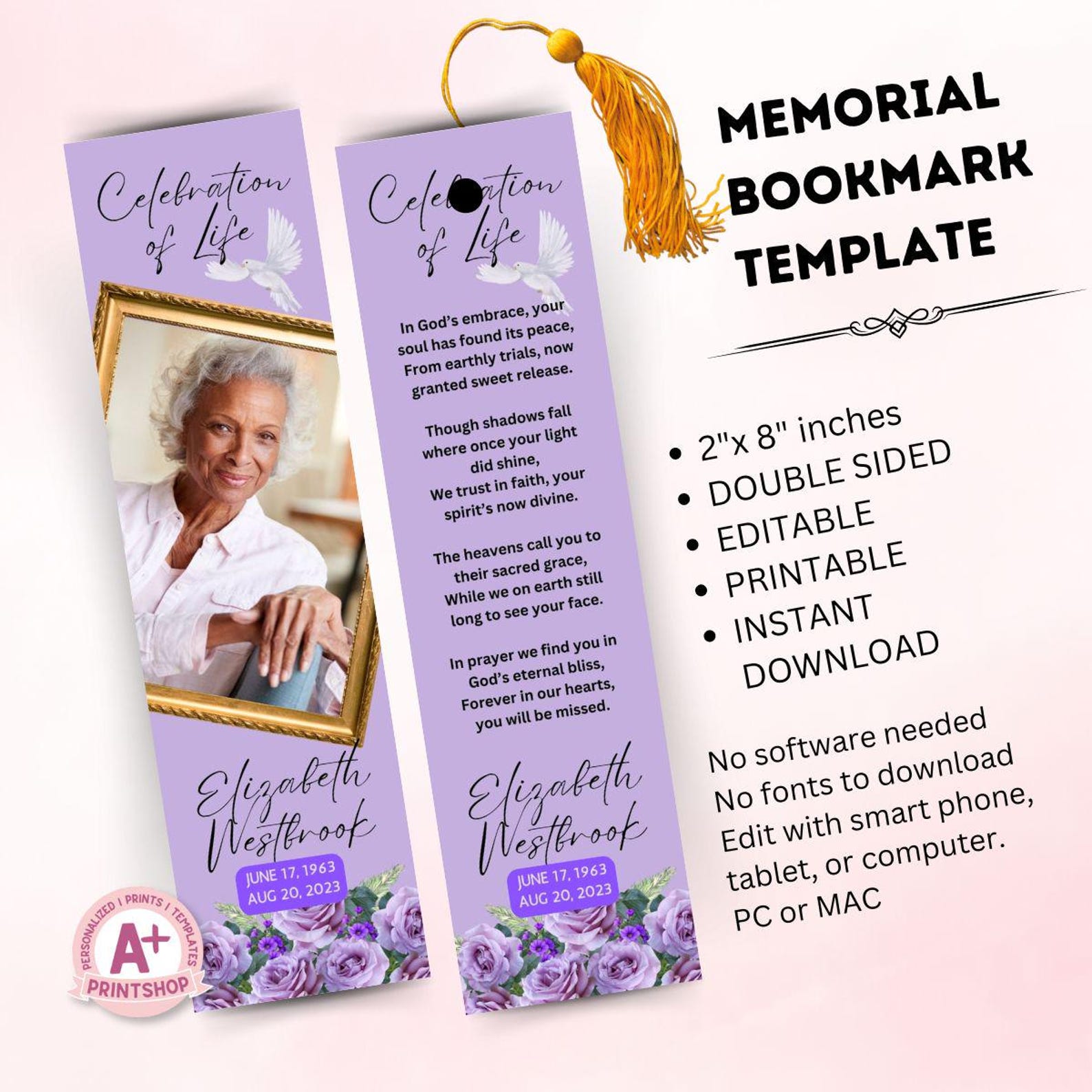 Memorial Bookmark Template, Editable Funeral Program (canva Template ...