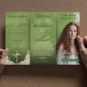 Green Obituary Template, Funeral Program Template, Tri-fold Obituary ...