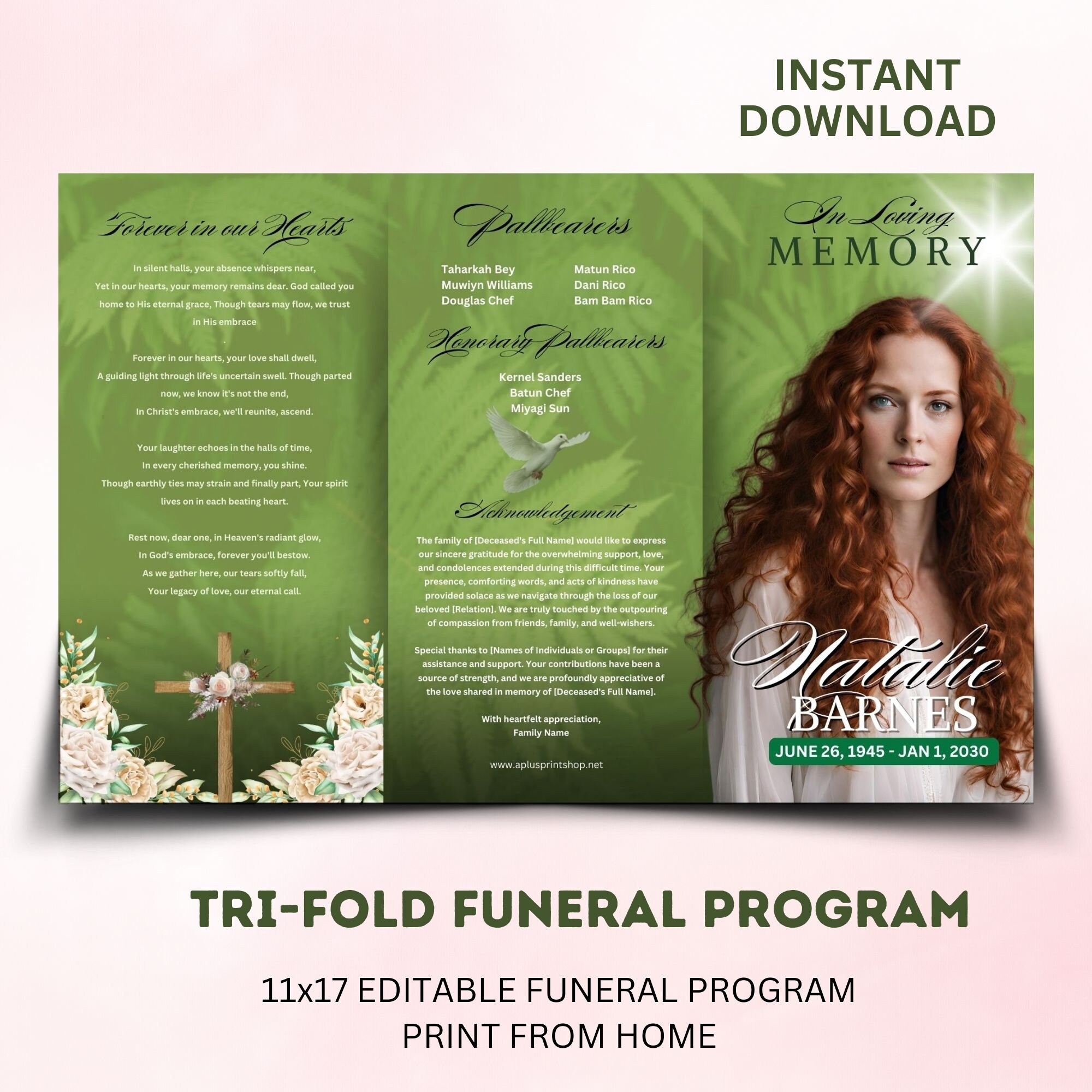 Green Obituary Template, Funeral Program Template, Tri-fold Obituary ...