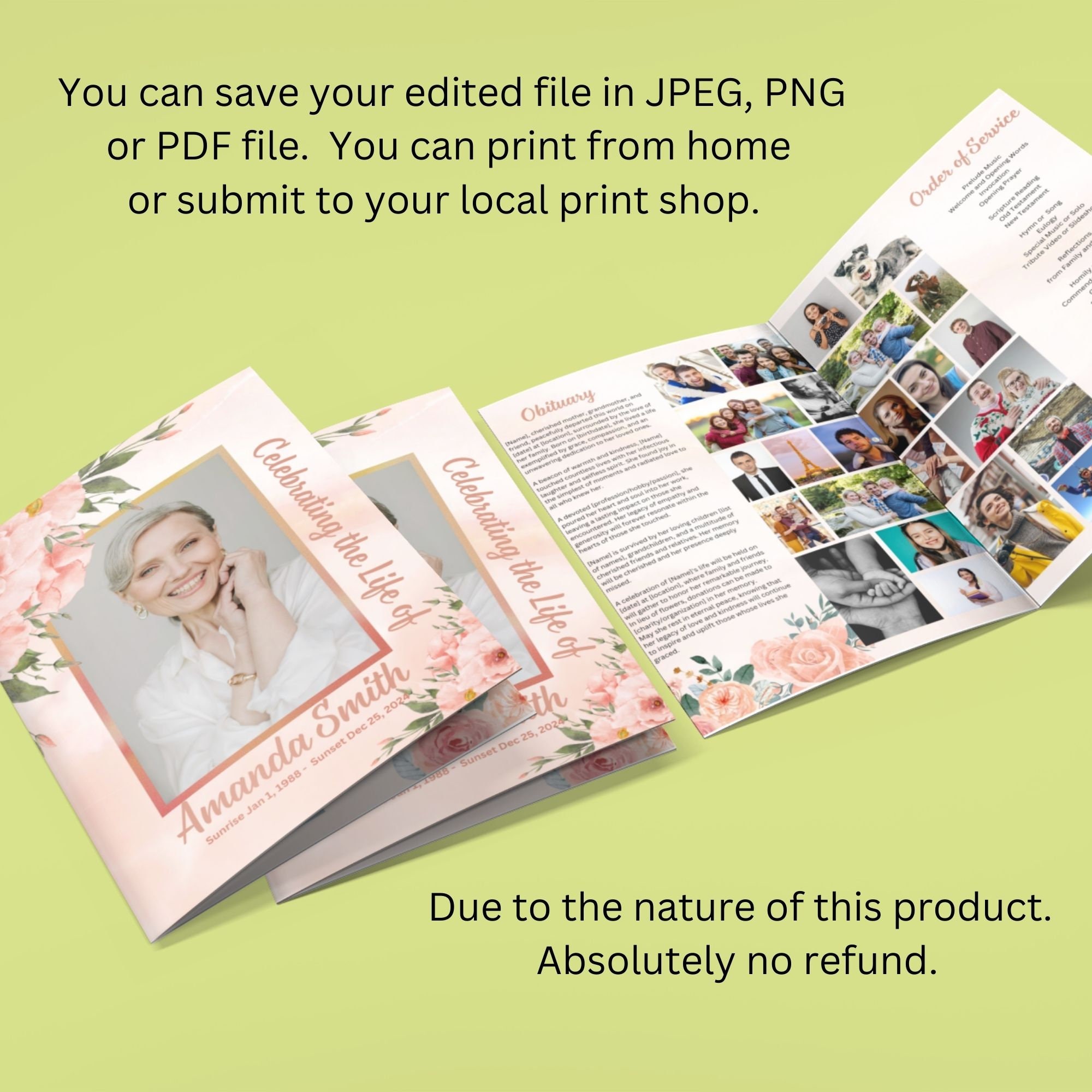 11x17 Funeral Program Template Bi-fold Editable Obituary Print From ...