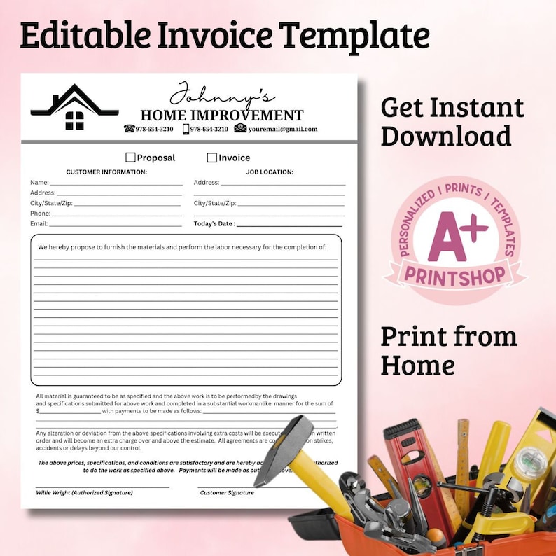 Editable Invoice Template for General Contractors, Handyman, or Home ...