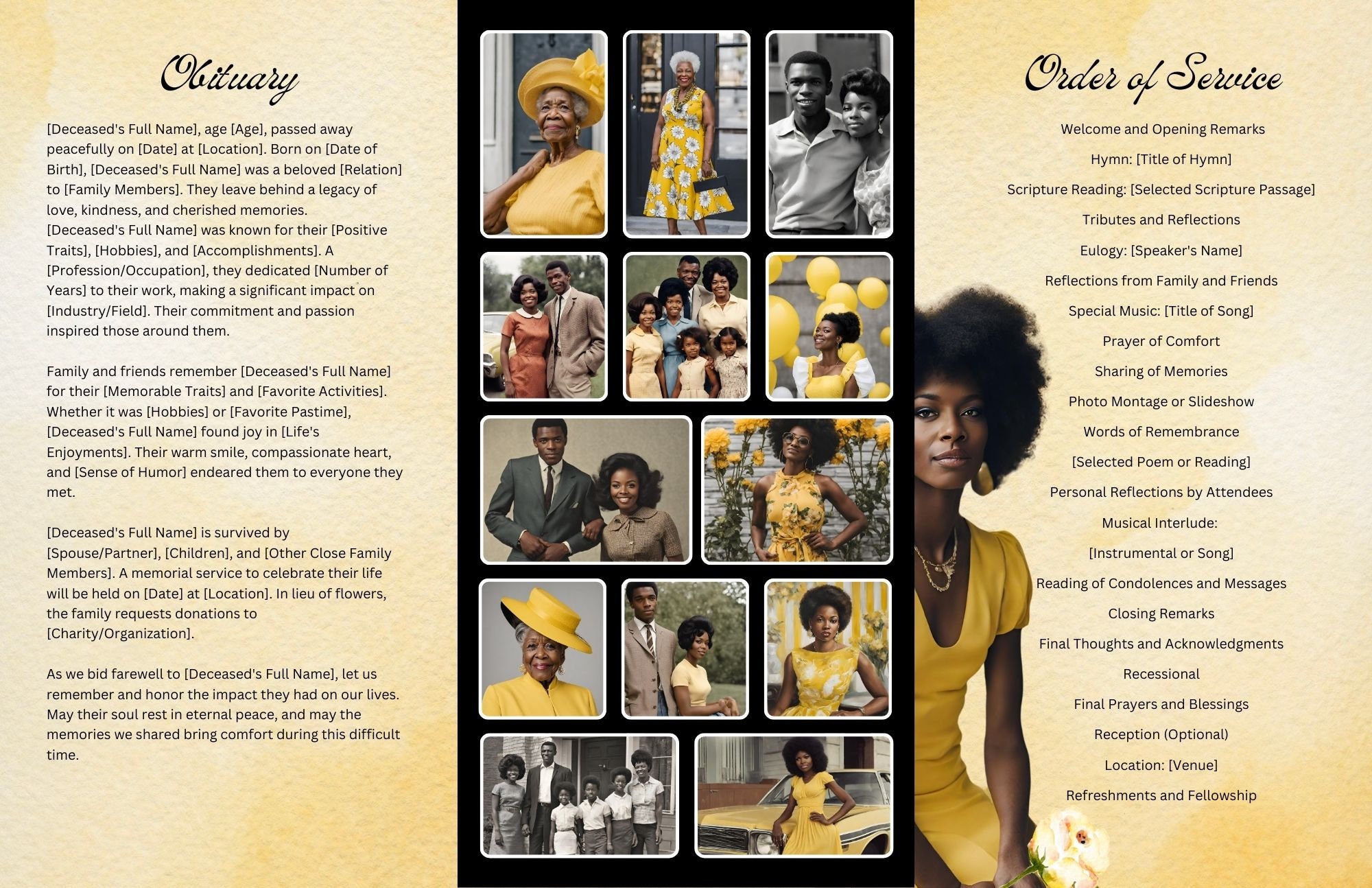 Yellow Obituary for Woman, Printable Funeral Program for Women, Instant ...