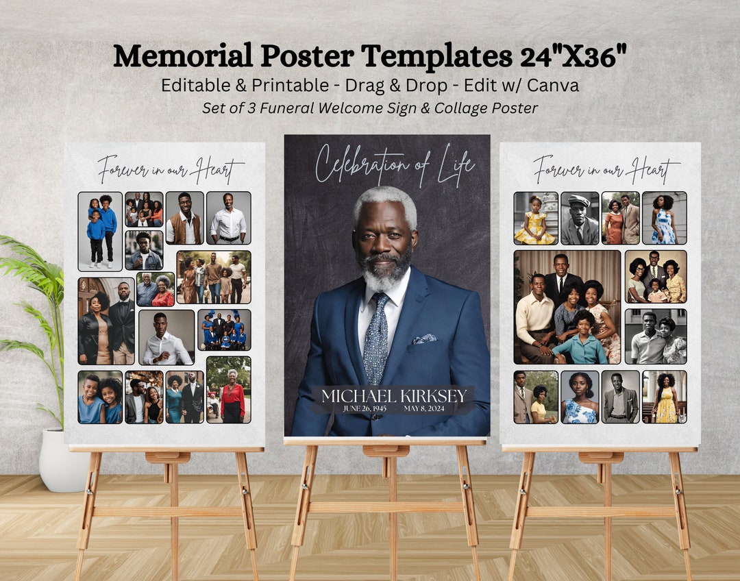 Set of 3 Funeral Posters, Memorial Poster Template, 24x36 Inch Collage ...