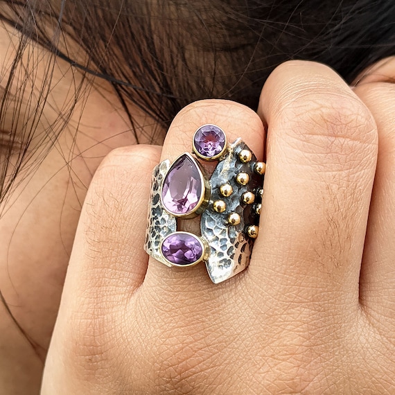 Birthstone Ring Triple Gemstone Ring Hammered Ring - Etsy