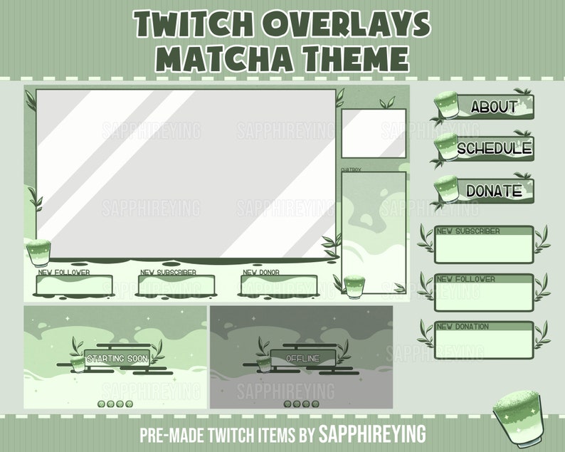 Animated Stream Overlay Package for Twitch- Matcha Themed Overlays ...