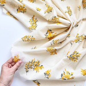 Beige Cotton Batiste Fabric by the Yard With Yellow Mimosa Flowers ...
