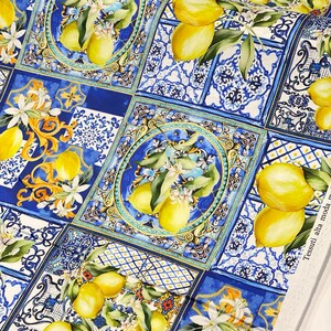 Cotton Fabric With Majolica Print Yellow Lemons on Blue Background ...