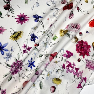 Natural Italian Cotton Fabric by the Yard With Bright Floral Print on ...