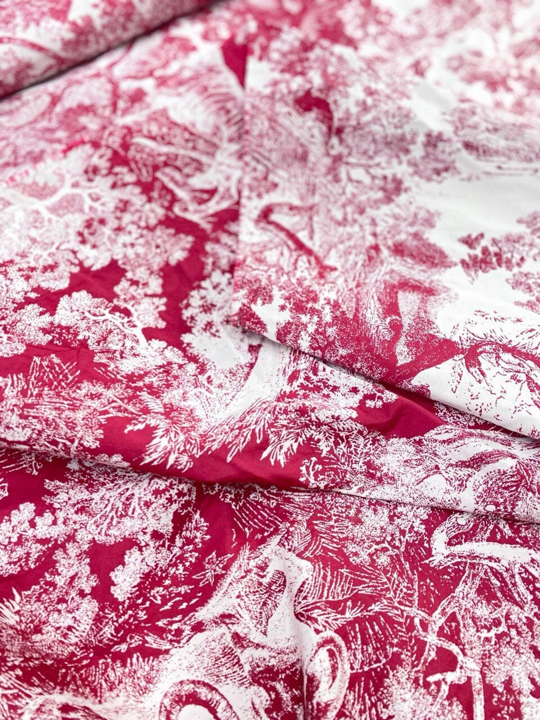 Toile De Jouy Red Fabric by the Yard With Animal Print, Italian Apparel ...