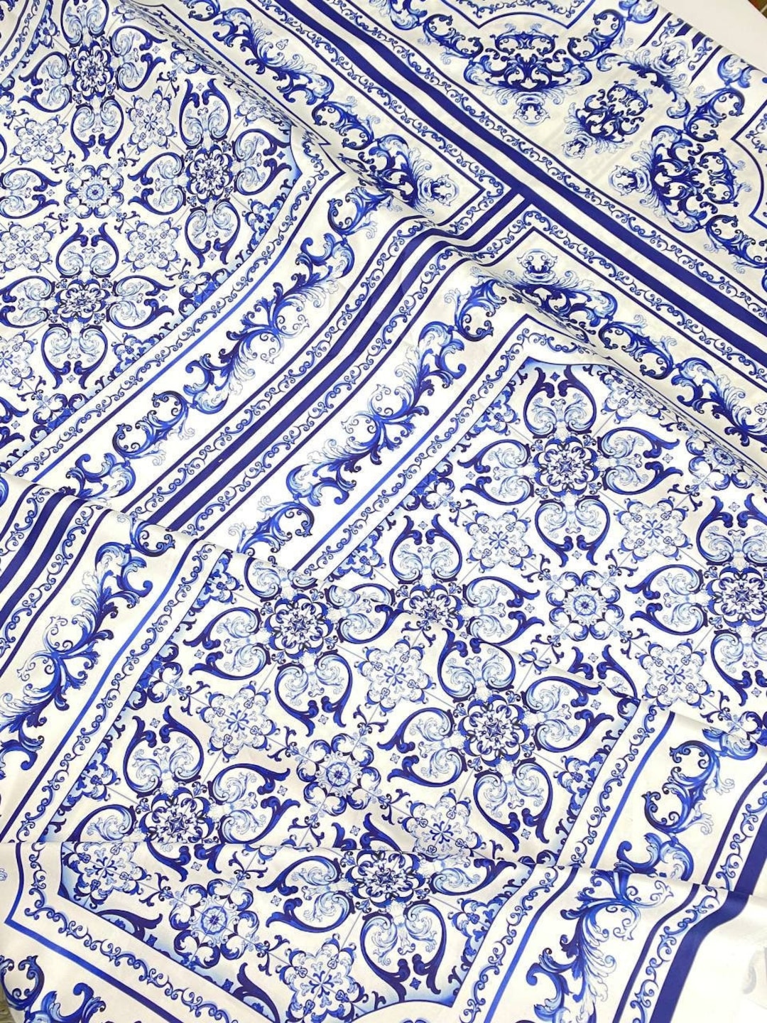 Majolica Print Italian Cotton Fabric, Sicilian Print Fabric, Blue Tile ...