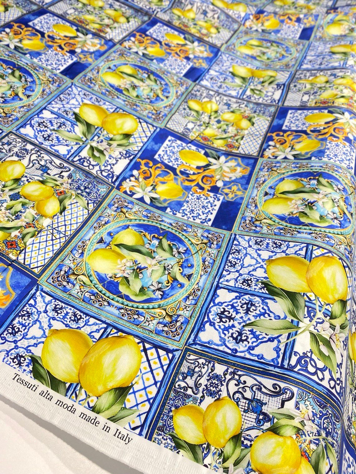 Cotton Fabric With Majolica Print Yellow Lemons on Blue Background ...