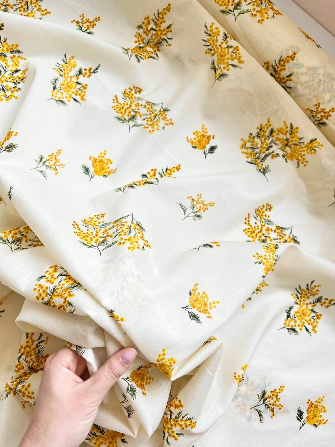 Beige Cotton Batiste Fabric by the Yard With Yellow Mimosa Flowers ...