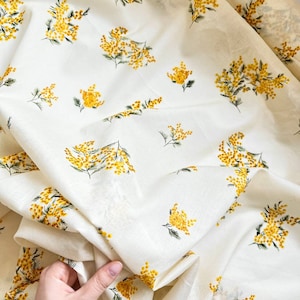 Beige Cotton Batiste Fabric by the Yard With Yellow Mimosa Flowers ...